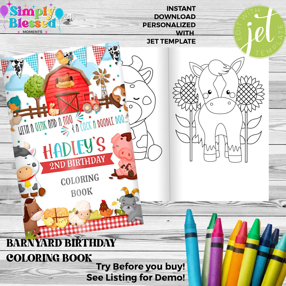 Barnyard Farm Animal Birthday Party Coloring Book Favor Editable ...