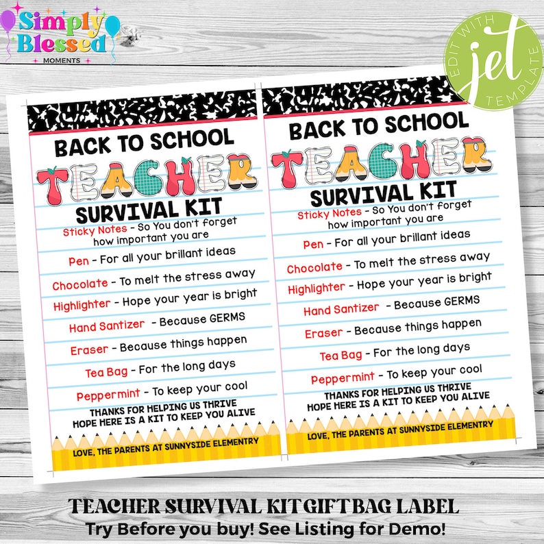 Teacher Survival Kit Gift Bag Label: Printable Back to School (digital ...