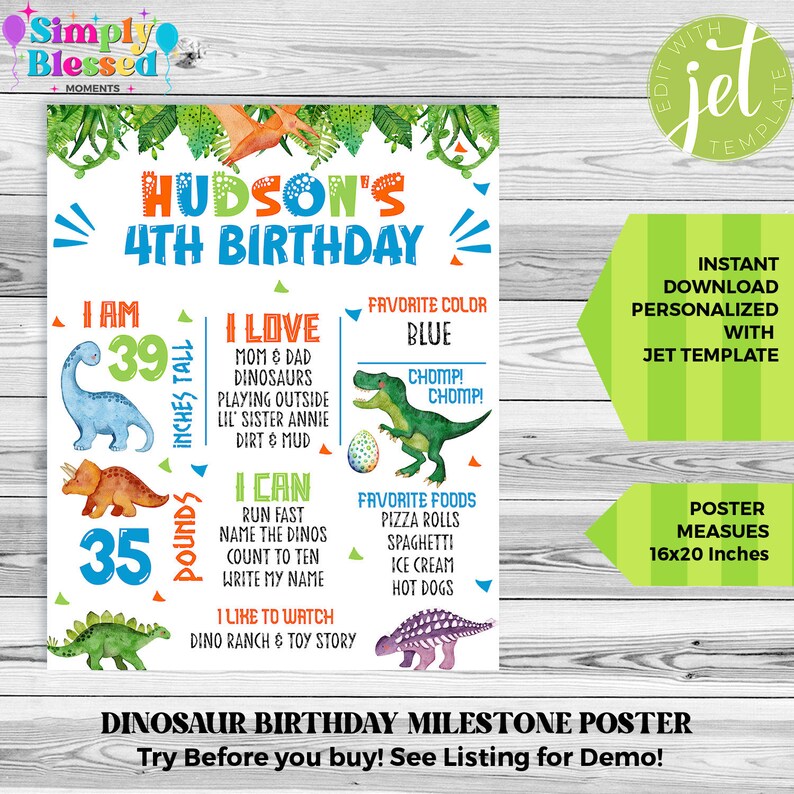 Dinosaur Birthday Milestone Poster Personalized Editable Instant ...