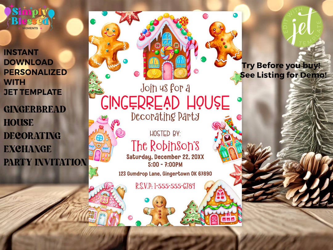 Christmas Holiday Gingerbread House Decorating Party Invitation ...