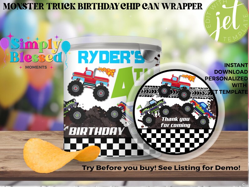 Monster Truck Birthday Party Snack Chip Can Wrapper Party Favor - Etsy