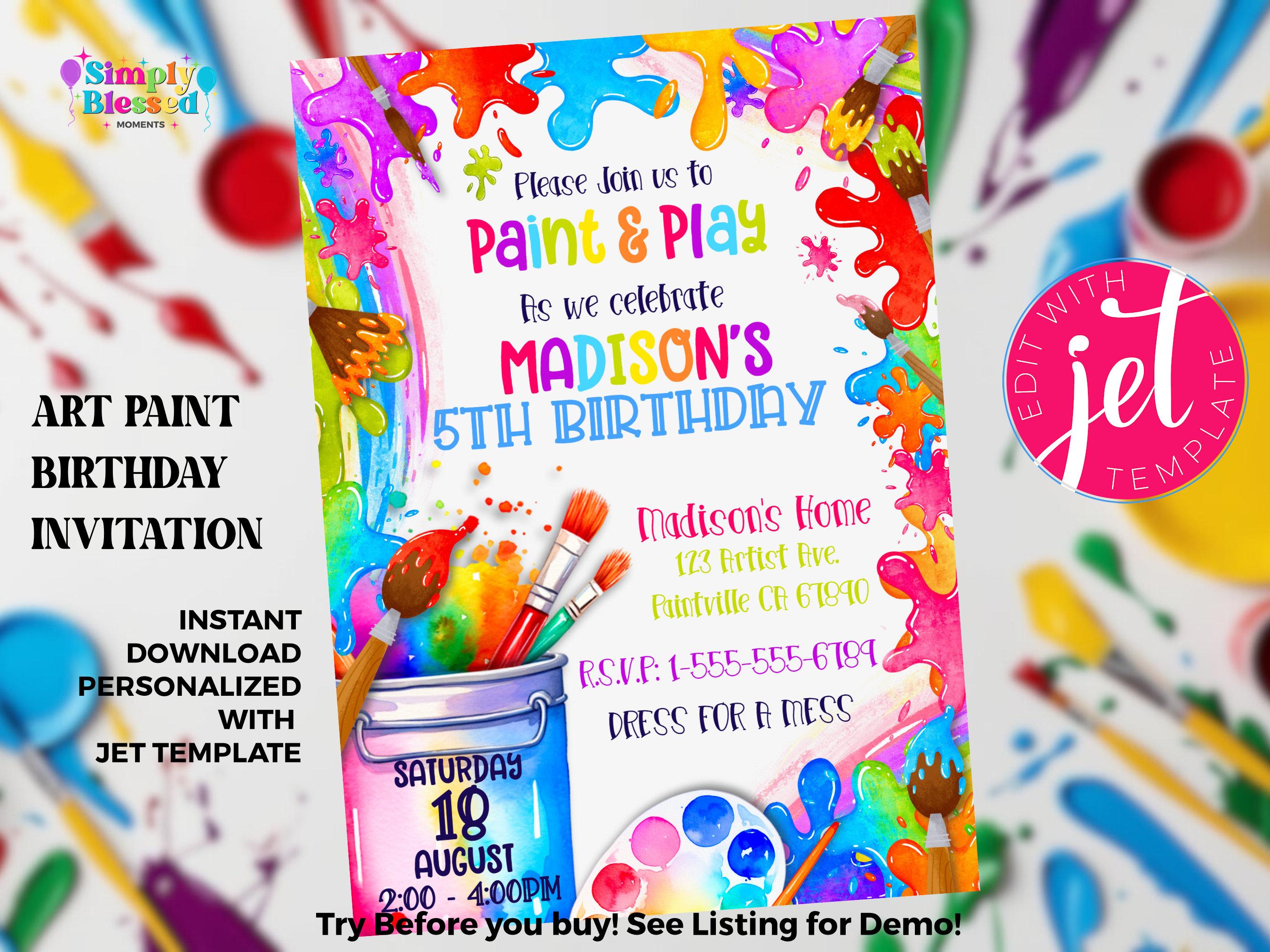 Art Paint Splash Birthday Party Invitation Printable Editable Instant ...