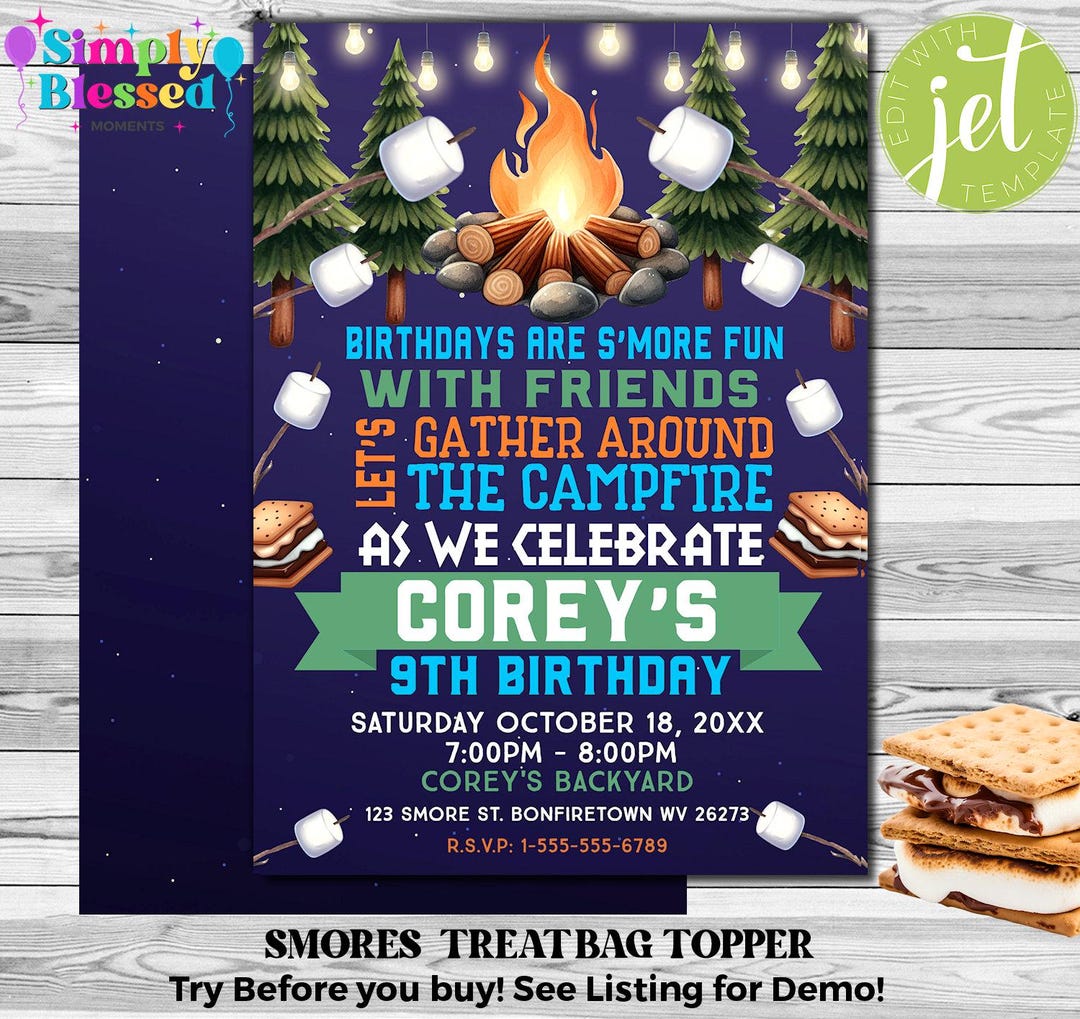 Boys S'mores Birthday Party Invitation Campfire Invitation Bonfire ...