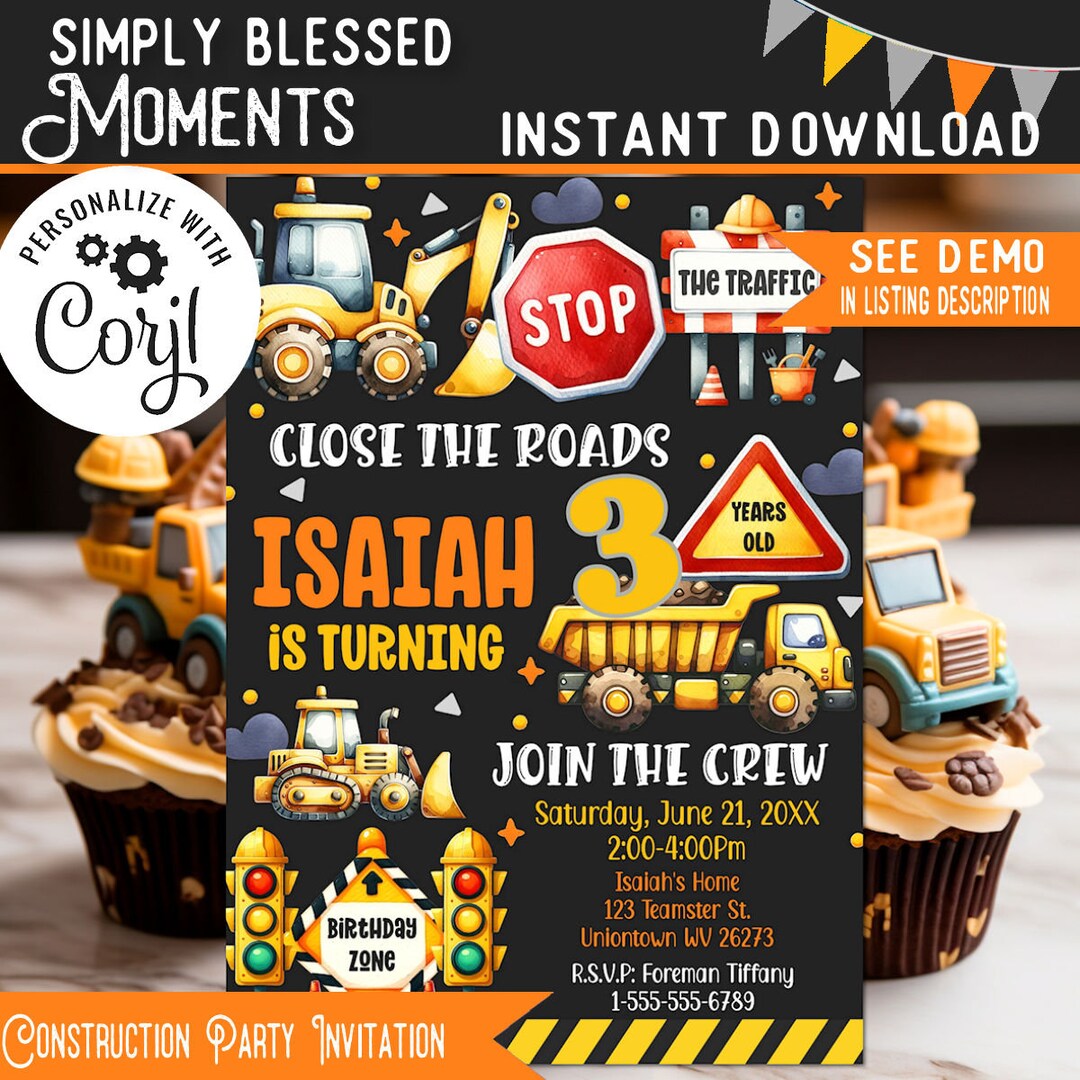 Construction Birthday Party Invitation Instant Download Editable ...