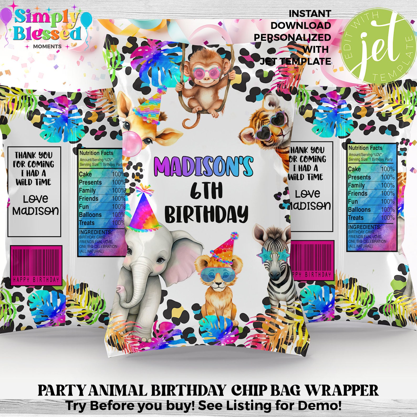 Zoo Party Animals Birthday Bundle Printable Editable Chip Bag Wrapper ...