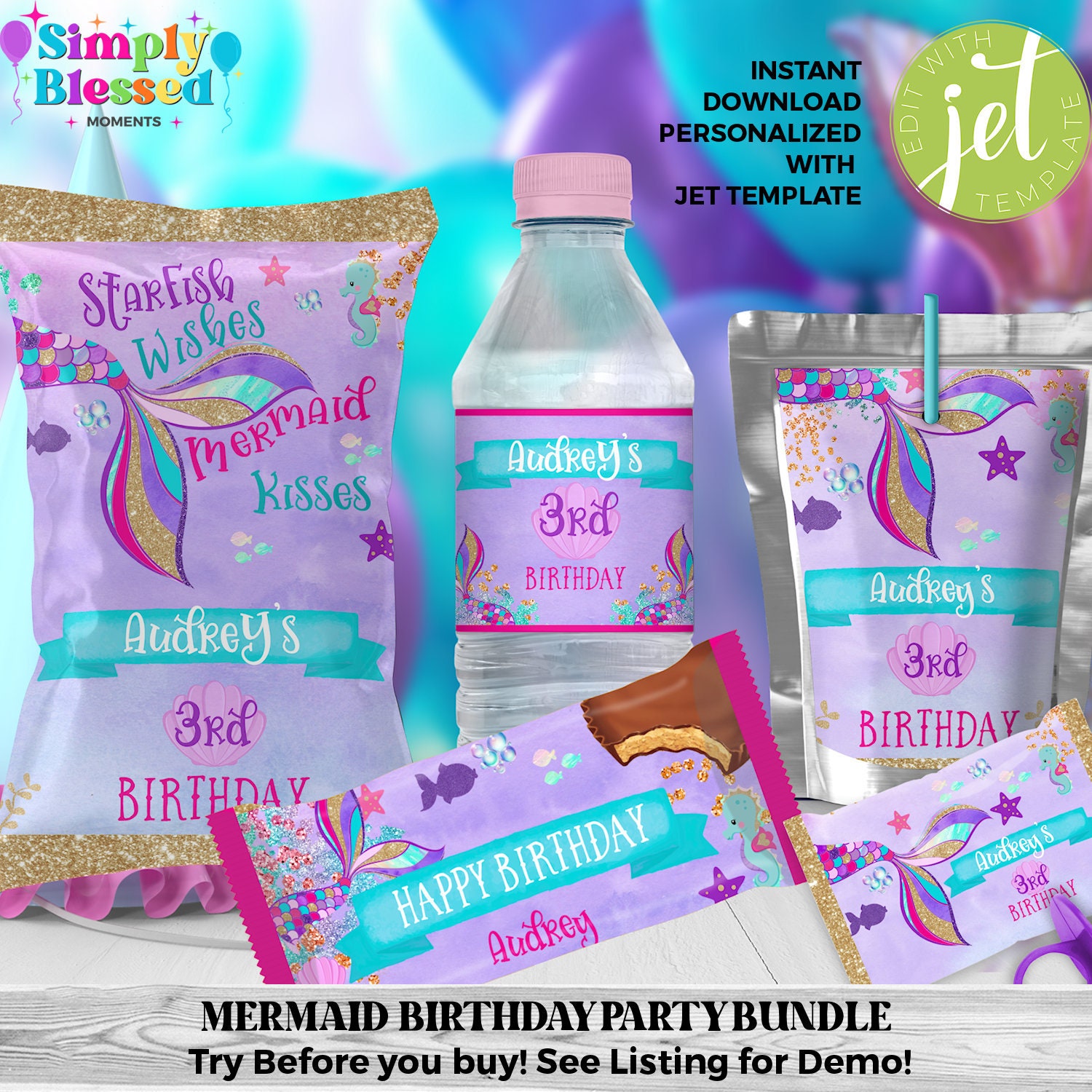 Mermaid Birthday Party Bundle Chip Bag Wrapper, Water Bottle Label ...