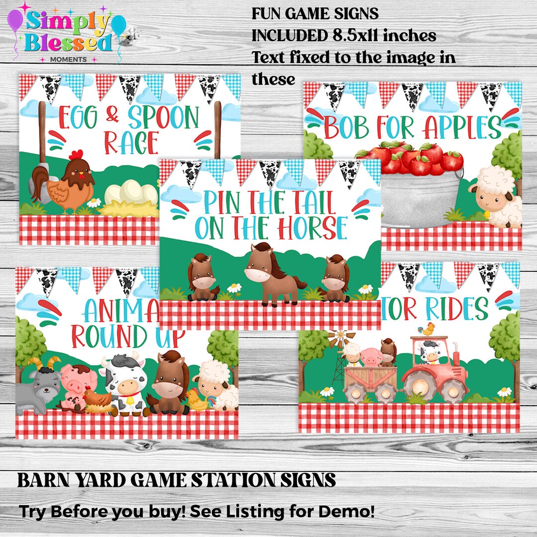 Barnyard Farm Birthday Game Station Signs Editable Instant Download - Etsy