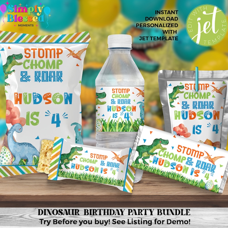 Dinosaur Birthday Party Bundle: Editable Favor Wrappers (digital ...