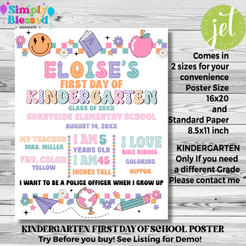 Girls Kindergarten Groovy Modern Back to School Poster Sign Printable ...