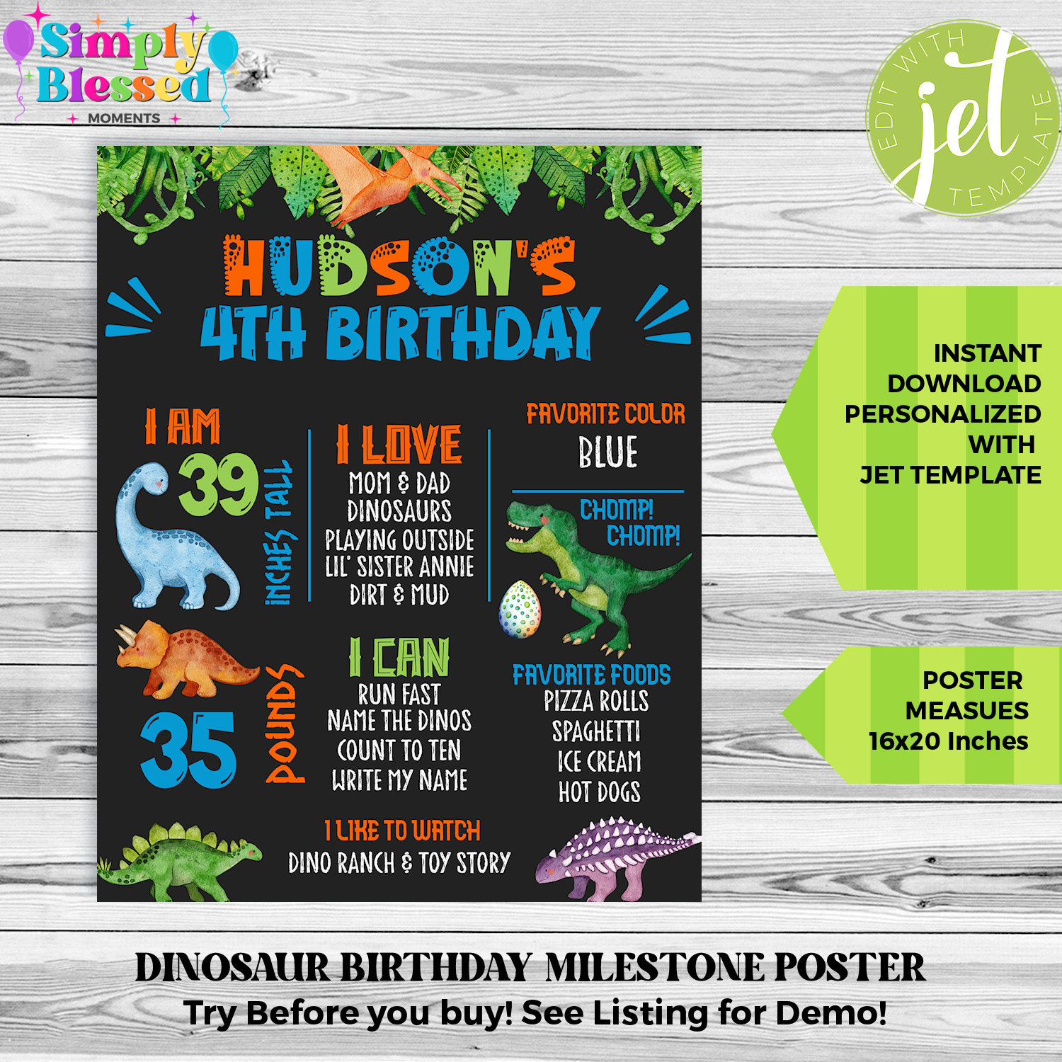 Dinosaur Birthday Milestone Poster Personalized Editable Instant ...