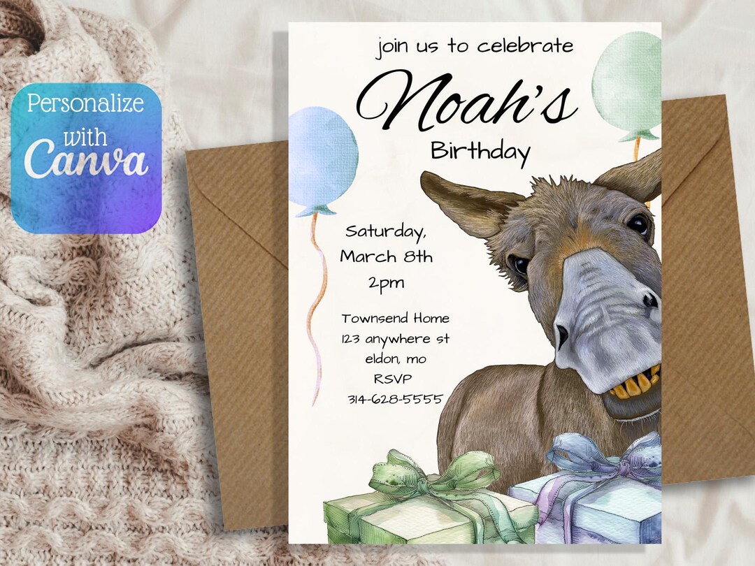 Silly Donkey Birthday Party - Canva Editable Invitation - Smiling ...