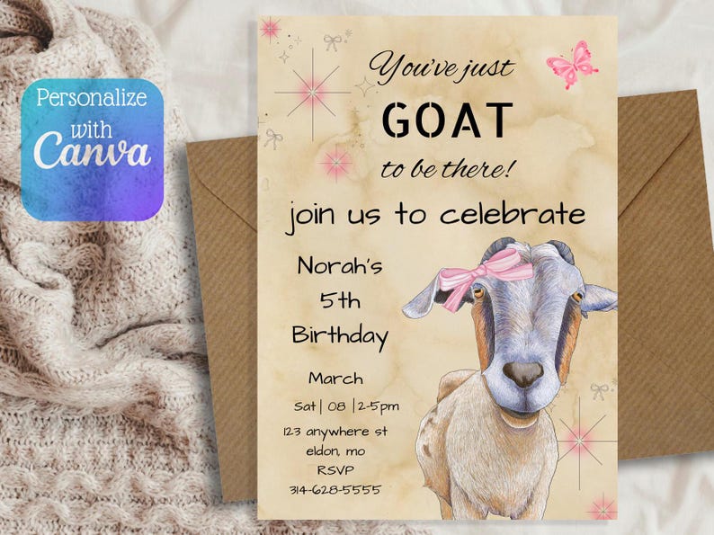 Cute Goat Girl Birthday Party Canva Editable Invitation - Little Goat ...