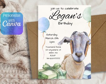 Cute Goat Girl Birthday Party Canva Editable Invitation - Little Goat ...