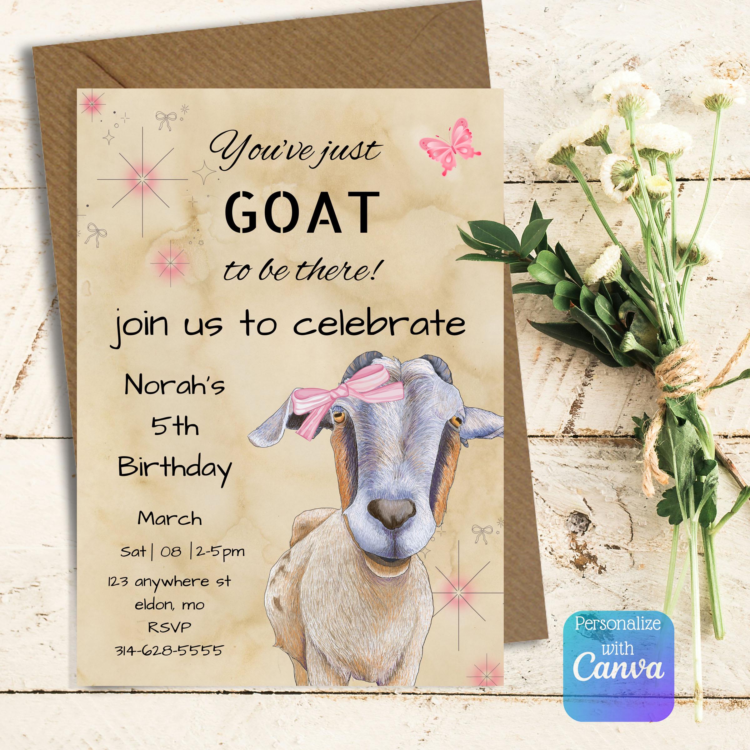 Cute Goat Girl Birthday Party Canva Editable Invitation - Little Goat ...