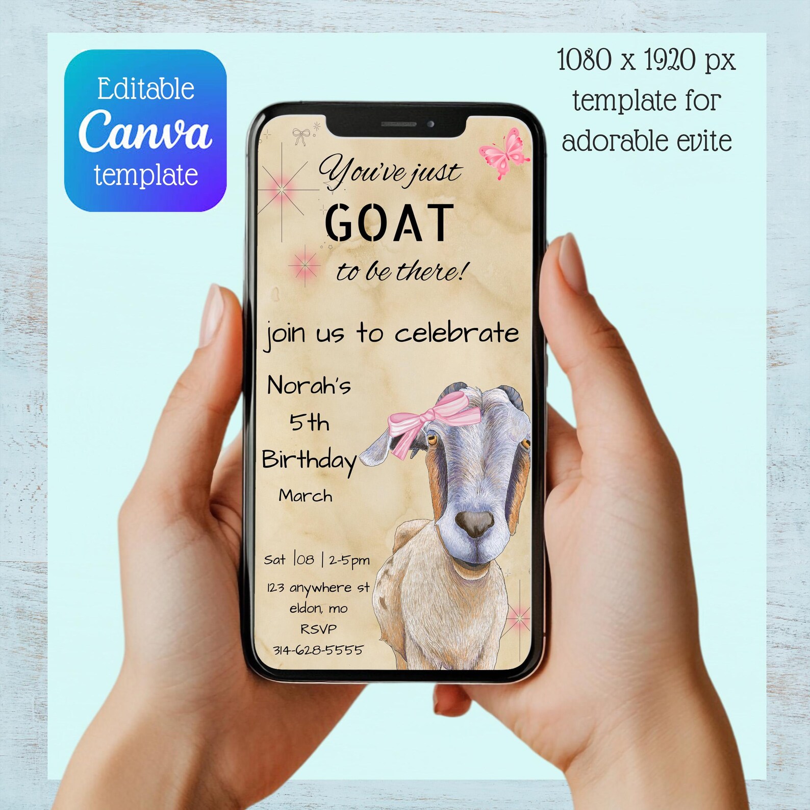 Cute Goat Girl Birthday Party Canva Editable Invitation - Little Goat ...
