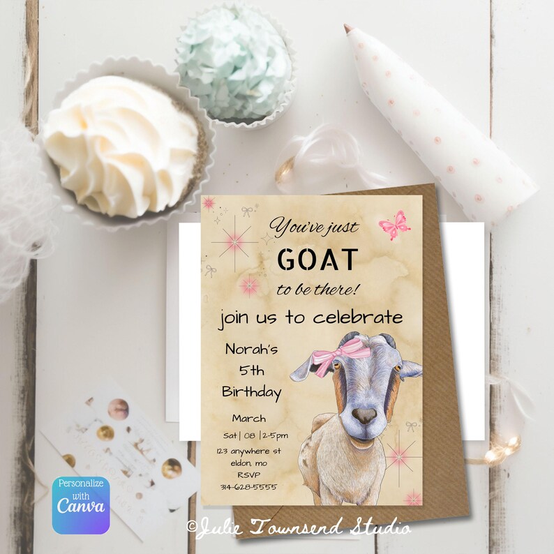 Cute Goat Girl Birthday Party Canva Editable Invitation - Little Goat ...