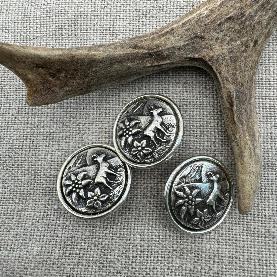 6 Traditional Costume Buttons, 2.1 Cm, Metal, Antique Silver, Chamois ...