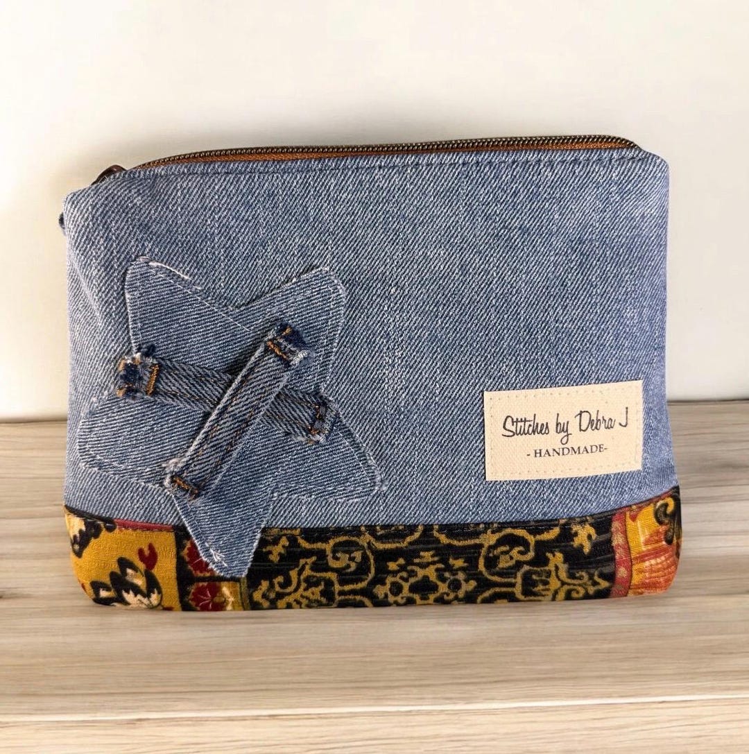 Handmade Denim Zipper Pouch With Star Applique, Upcycled Jeans Cosmetic ...