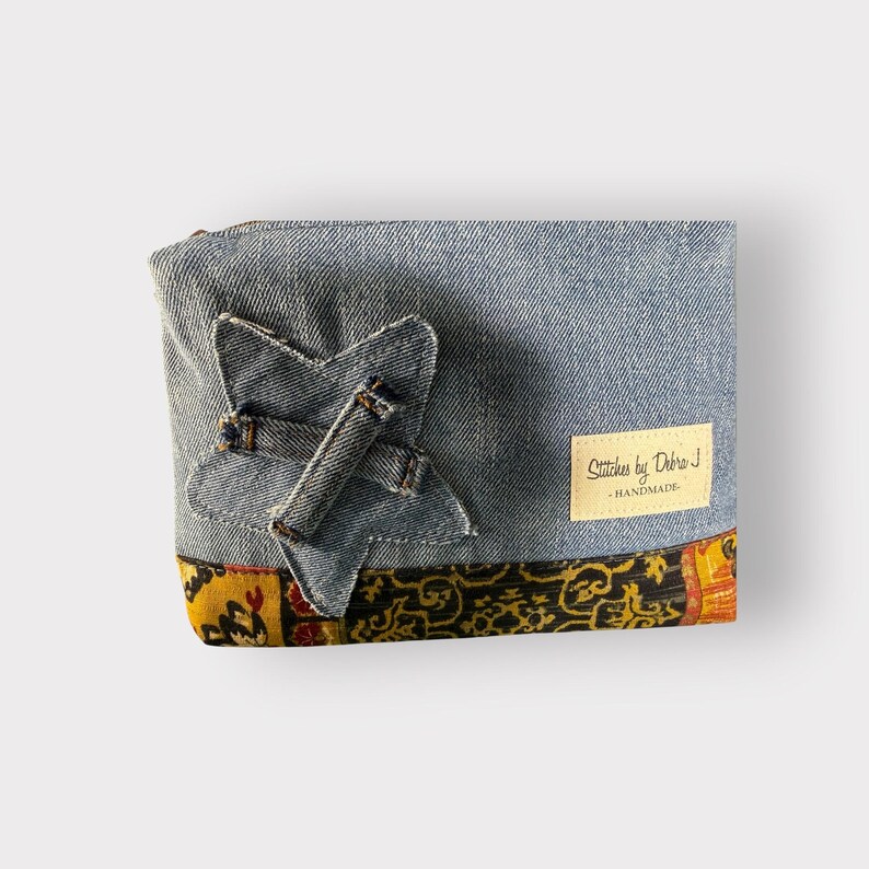 Handmade Denim Zipper Pouch With Star Applique, Upcycled Jeans Cosmetic ...