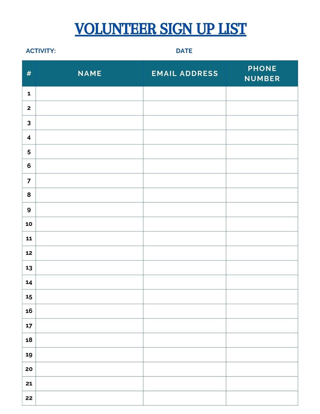 Volunteer Sign-up Sheet: Printable Registration Form - Etsy