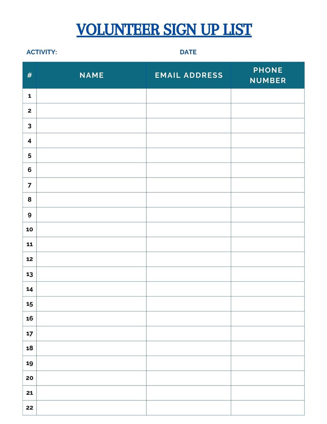 Volunteer Sign-up Sheet: Printable Registration Form - Etsy