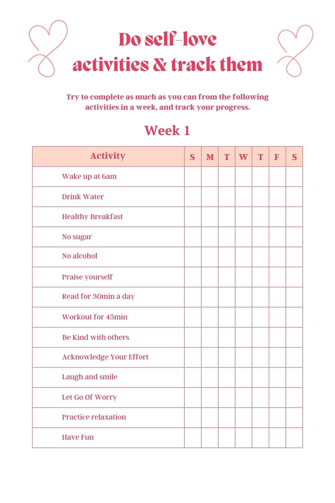 Self Love Activity Weekly Tracker - Etsy