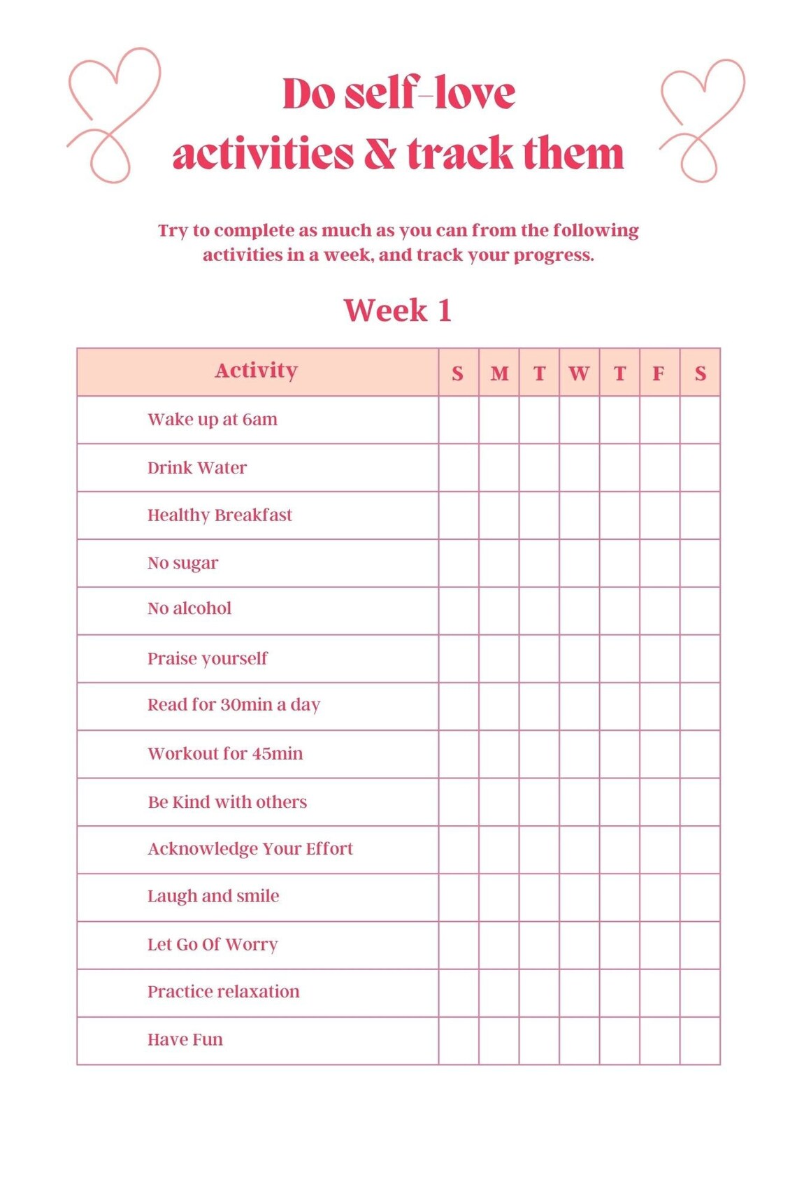 Self Love Activity Weekly Tracker - Etsy