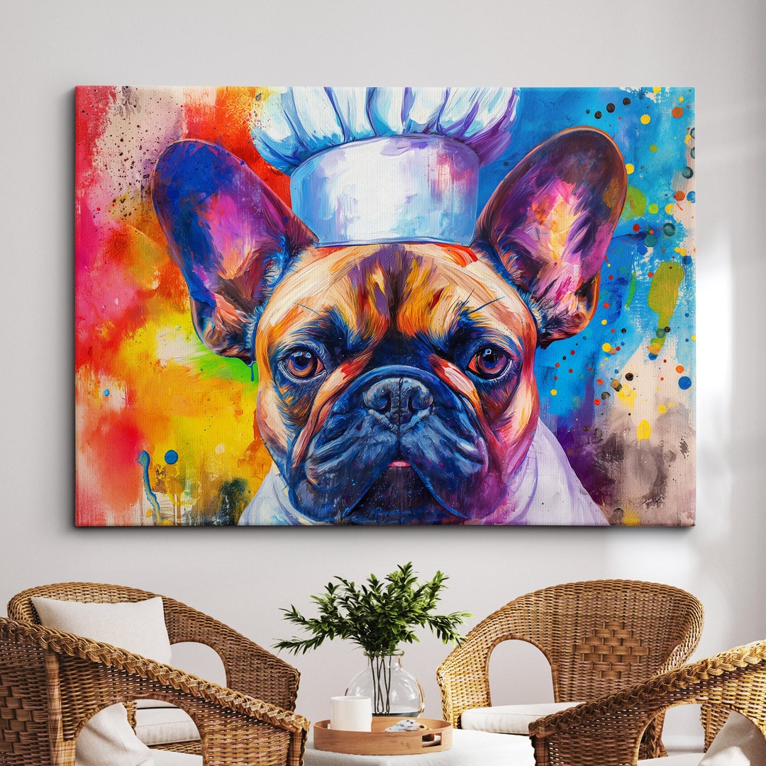 French Bulldog Chef Hat Cooking Painting Framed Poster Print & Framed ...