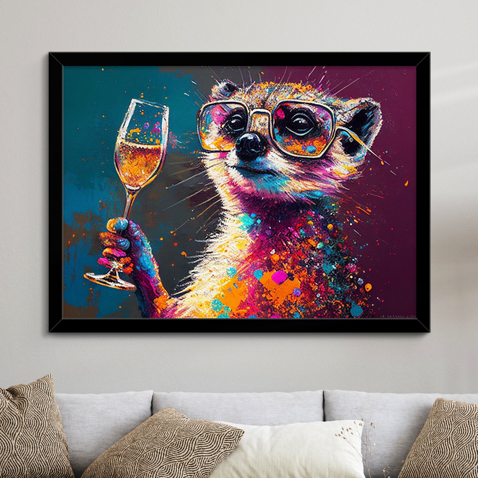 Meerkat Toasting Drink Glasses Animal Art Abstract Oil Painting Framed ...