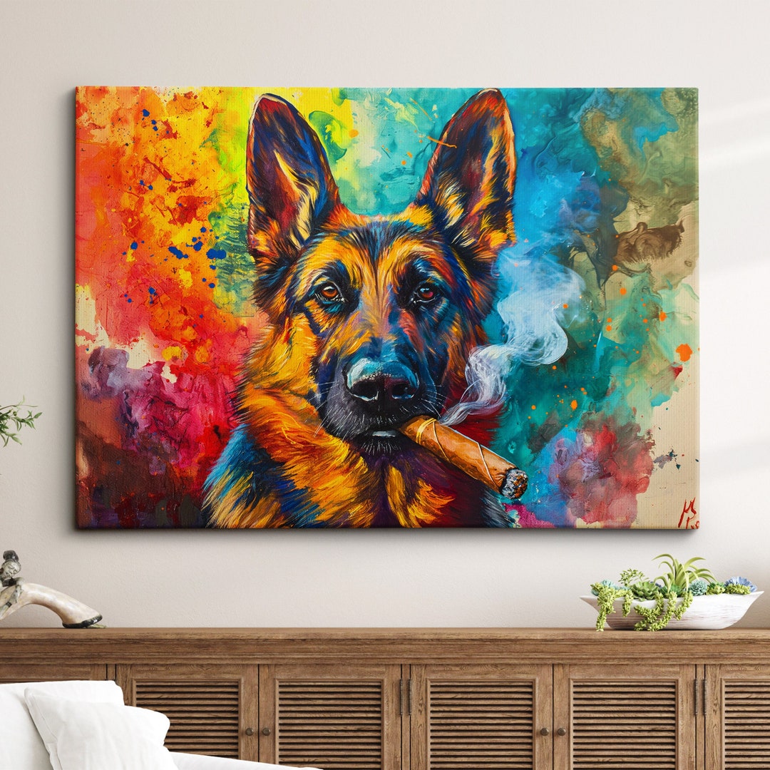 German Shepherd Smoking Cigar Painting Framed Poster Print & Framed ...