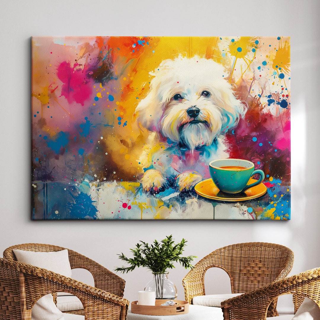 Bichon Frise With Coffee Mug Painting Framed Poster Print & Framed ...