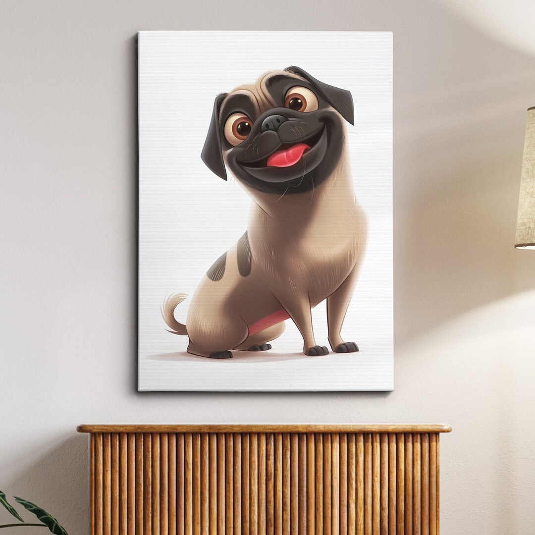 Happy Pug Cartoon Character Framed Poster Print & Framed Canvas Wall ...
