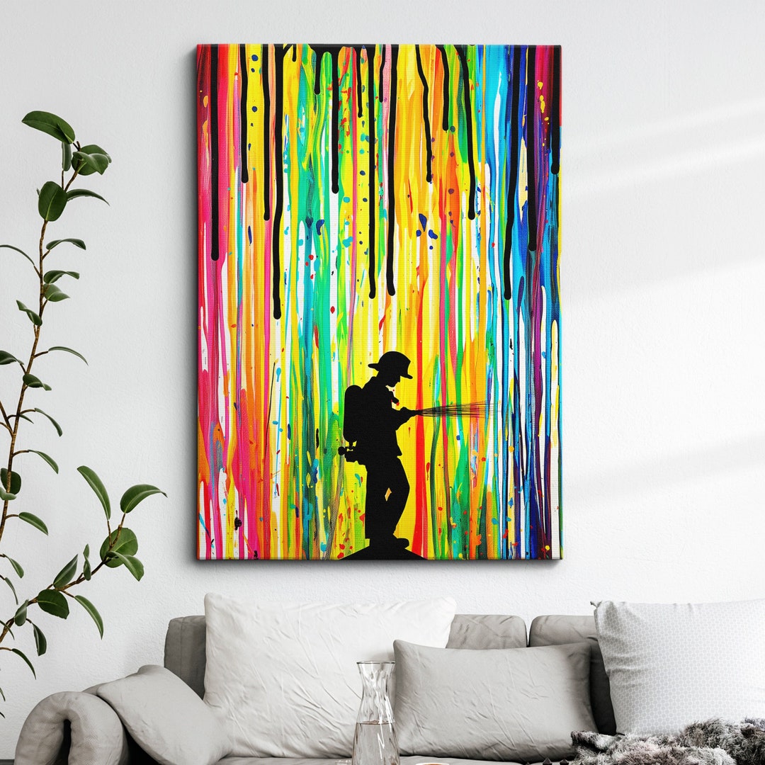 Firefighter Art in Colourful Rain Art Painting Framed Poster Print ...