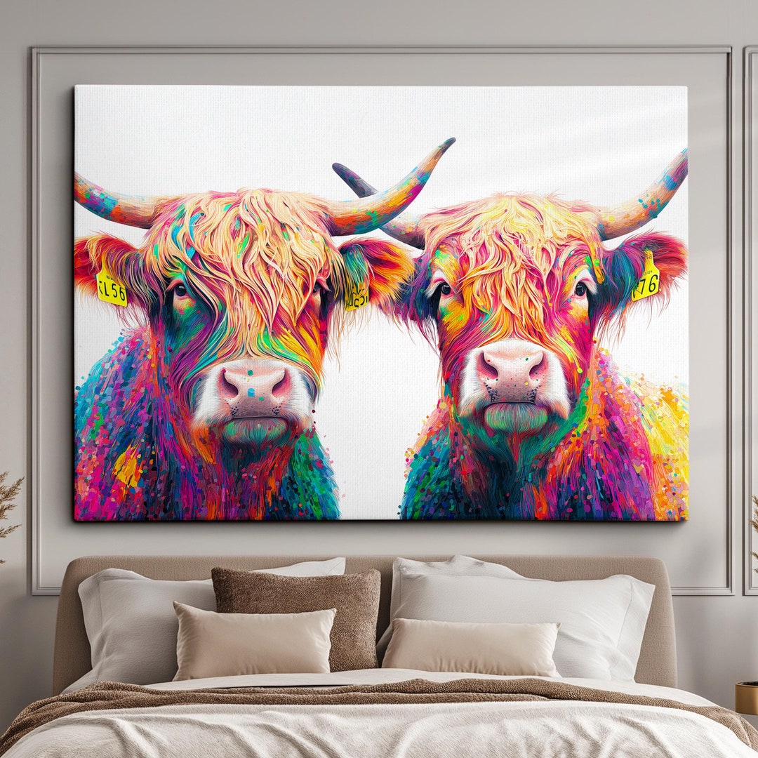 Highland Cows Rainbow Animal Art Abstract Oil Painting Framed Poster ...
