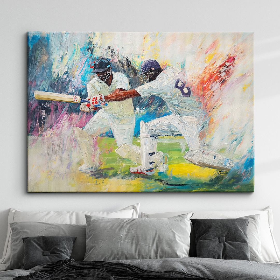 Cricket Player Abstract Oil Painting Sports Wall Art, Framed Canvas ...