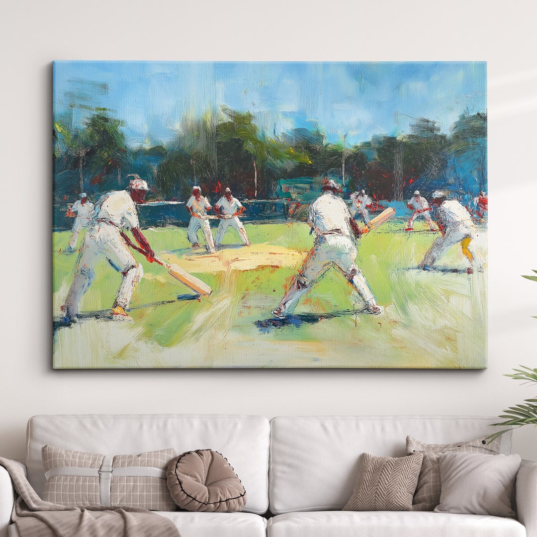 Cricket Players Abstract Oil Painting Sports Wall Art, Framed Canvas ...
