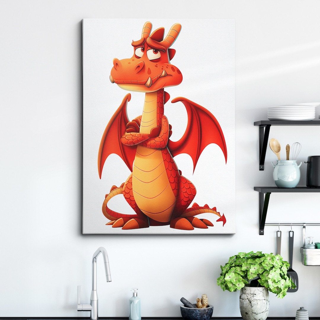 Dragon Cartoon Character Painting Framed Poster Print & Framed Canvas ...