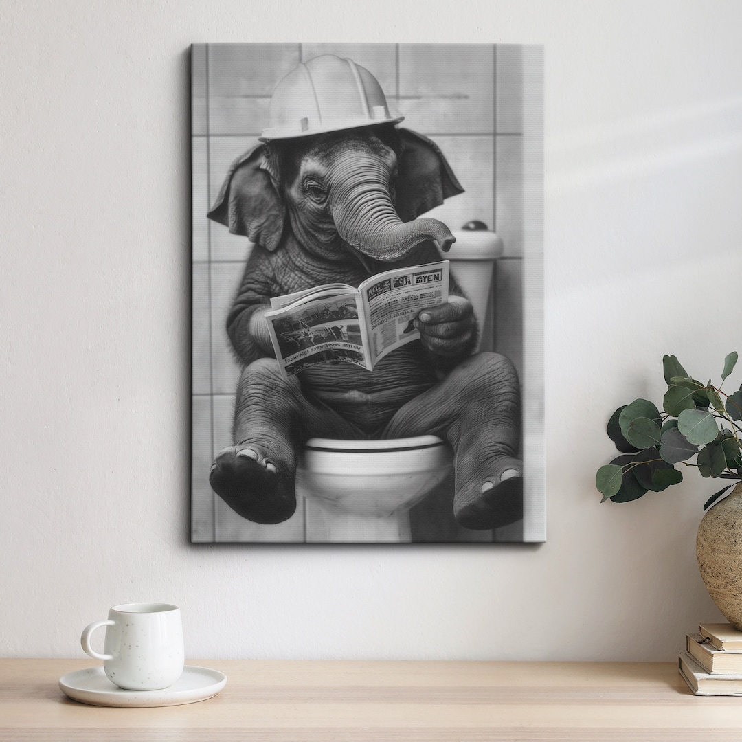 Elephant on the Toilet Painting Framed Poster Print & Framed Canvas ...