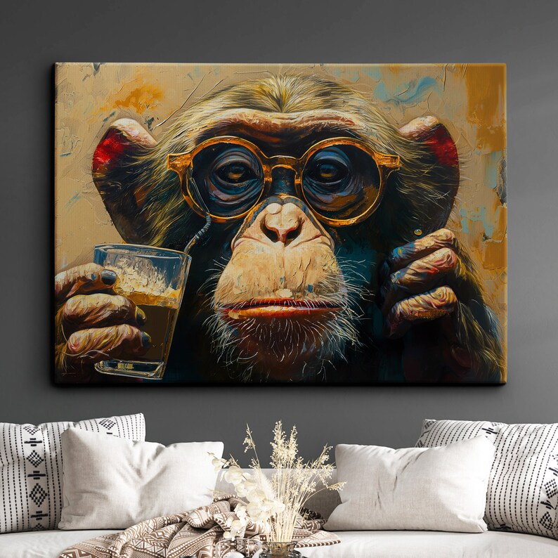 Monkey Drinking Abstract Painting Framed Poster Print & Framed Canvas ...