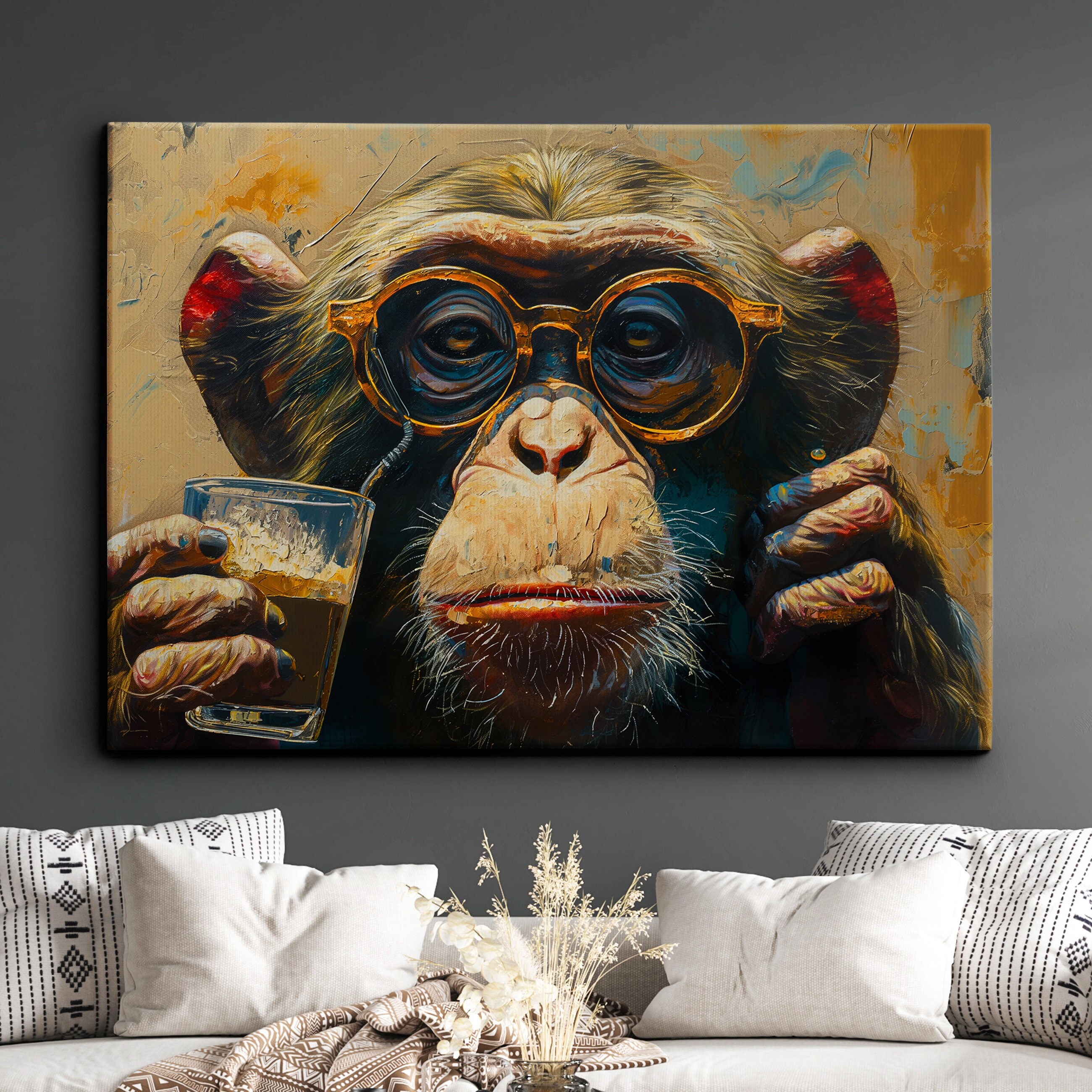 Monkey Drinking Abstract Painting Framed Poster Print & Framed Canvas ...