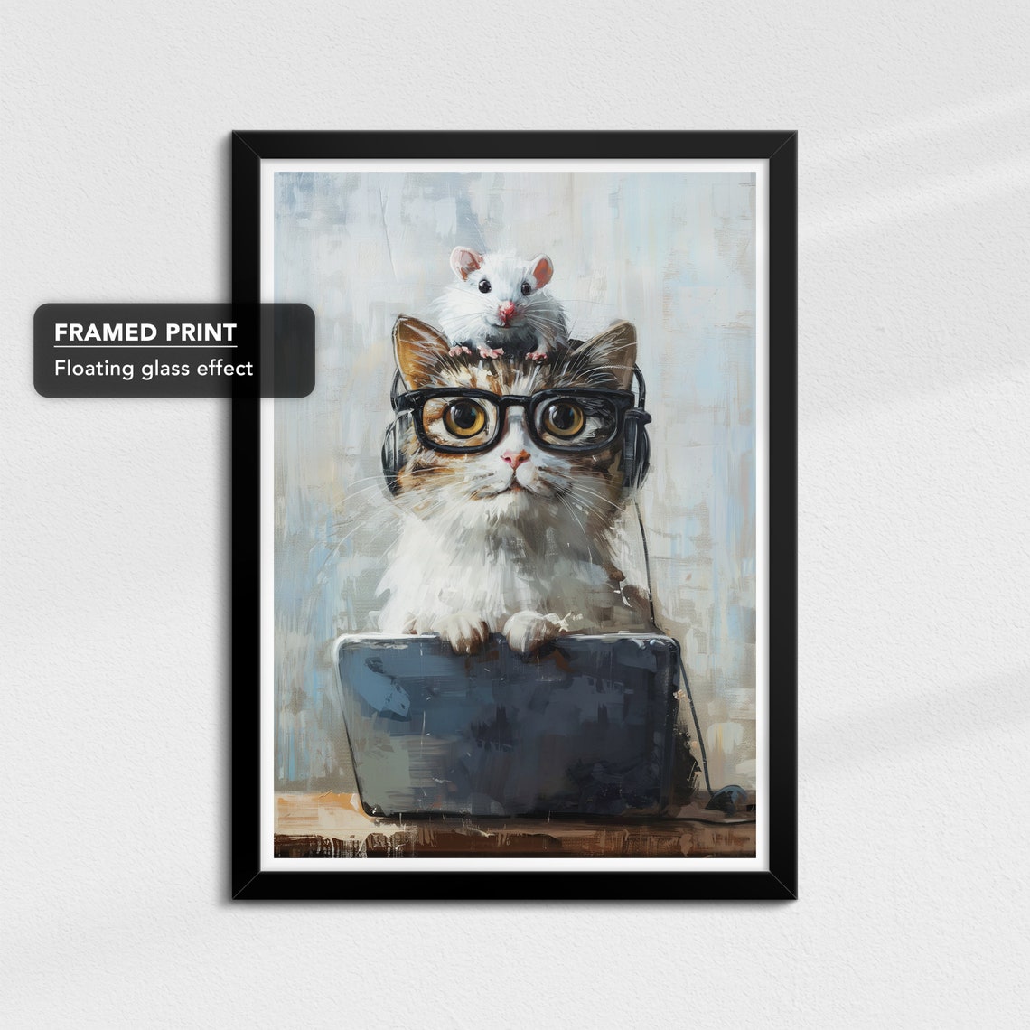 Colourful Cat Mouse Laptop Funny Painting Framed Poster Print & Framed ...