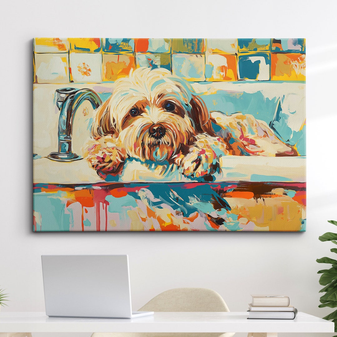Cockapoo Bath Tub Dog Bathroom Oil Painting Framed Poster Print or ...