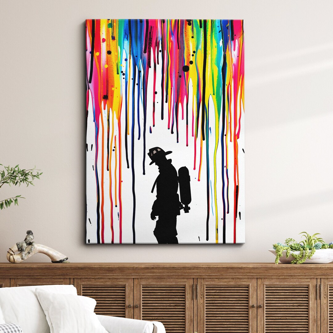 Firefighter Art in Colourful Rain Art Painting Framed Poster Print ...