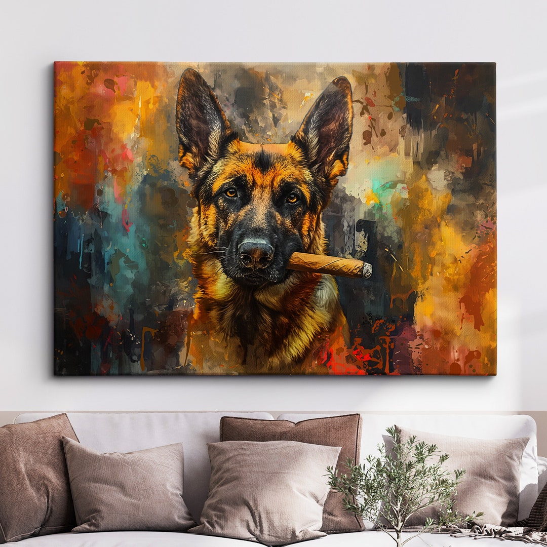 German Shepherd Smoking Cigar Painting Framed Poster Print & Framed ...