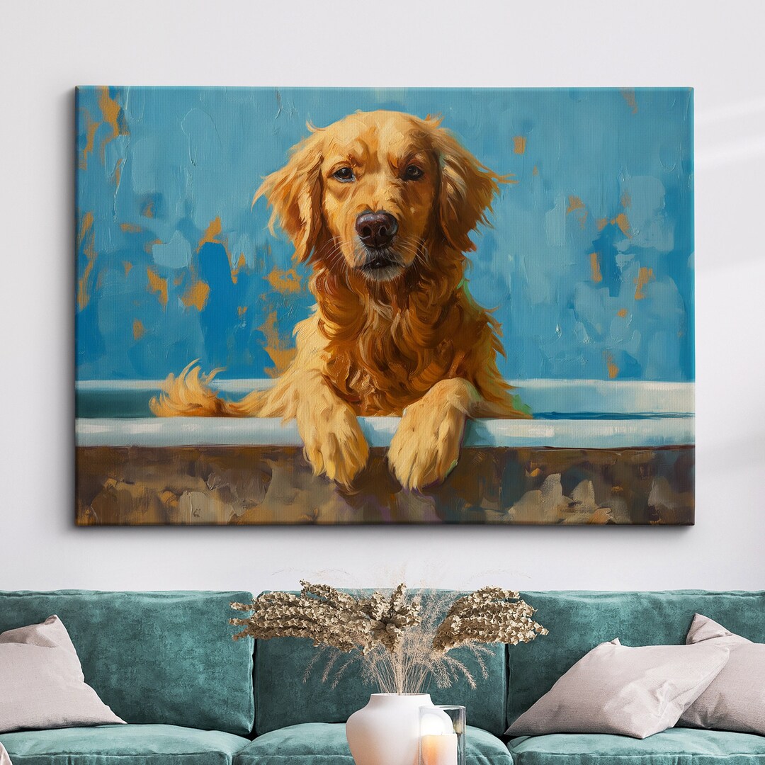 Golden Retriever Bath Tub Dog Bathroom Oil Painting Framed Poster Print ...