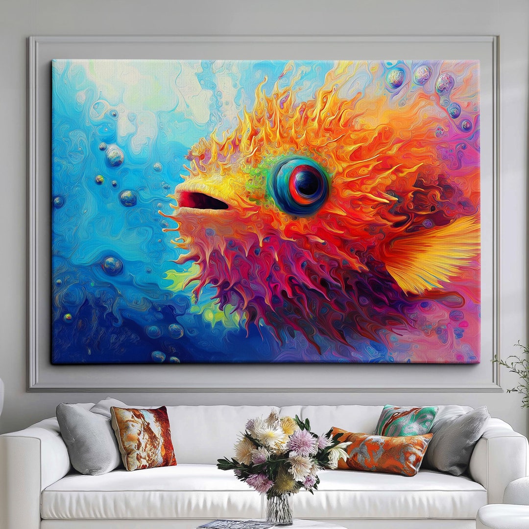 Vibrant Colorful Puffer Fish Tetraodontidae Ocean Sea Painting Framed ...