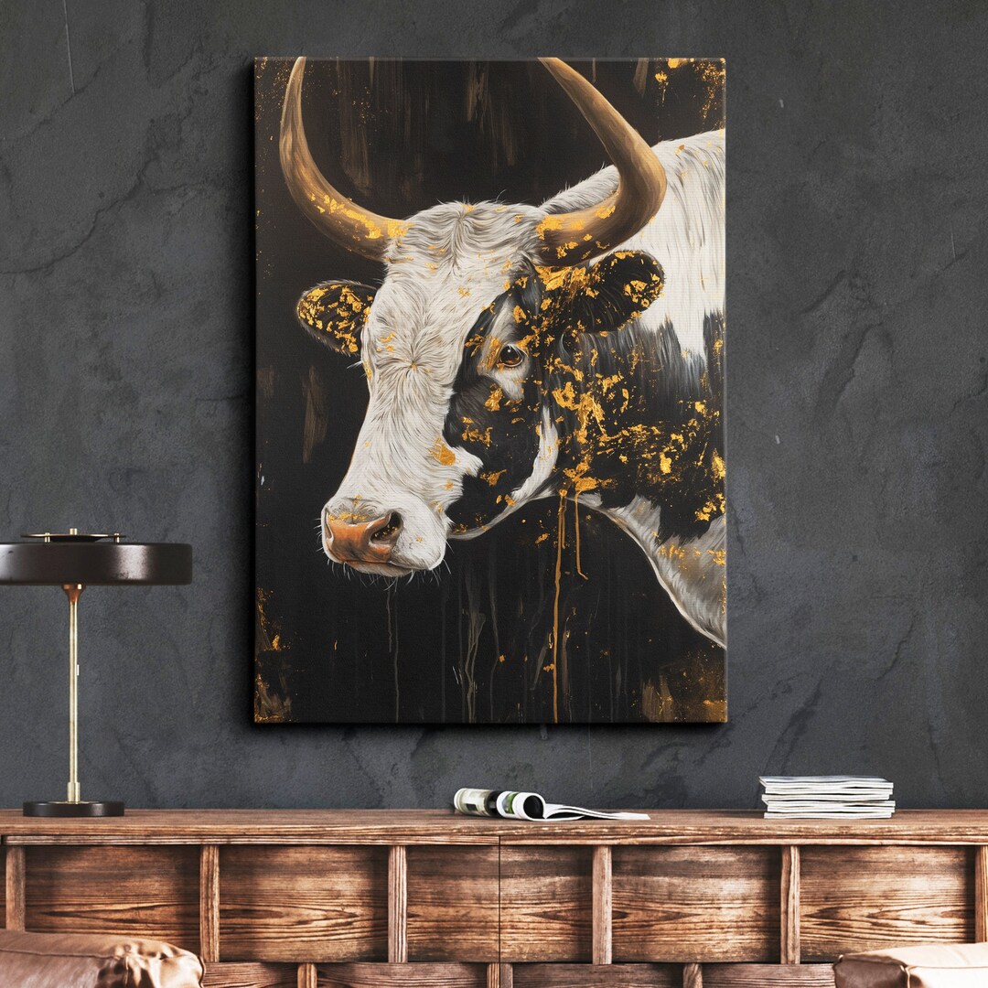 Gold Dripping Cow Animal Painting Framed Poster Print & Framed Canvas ...