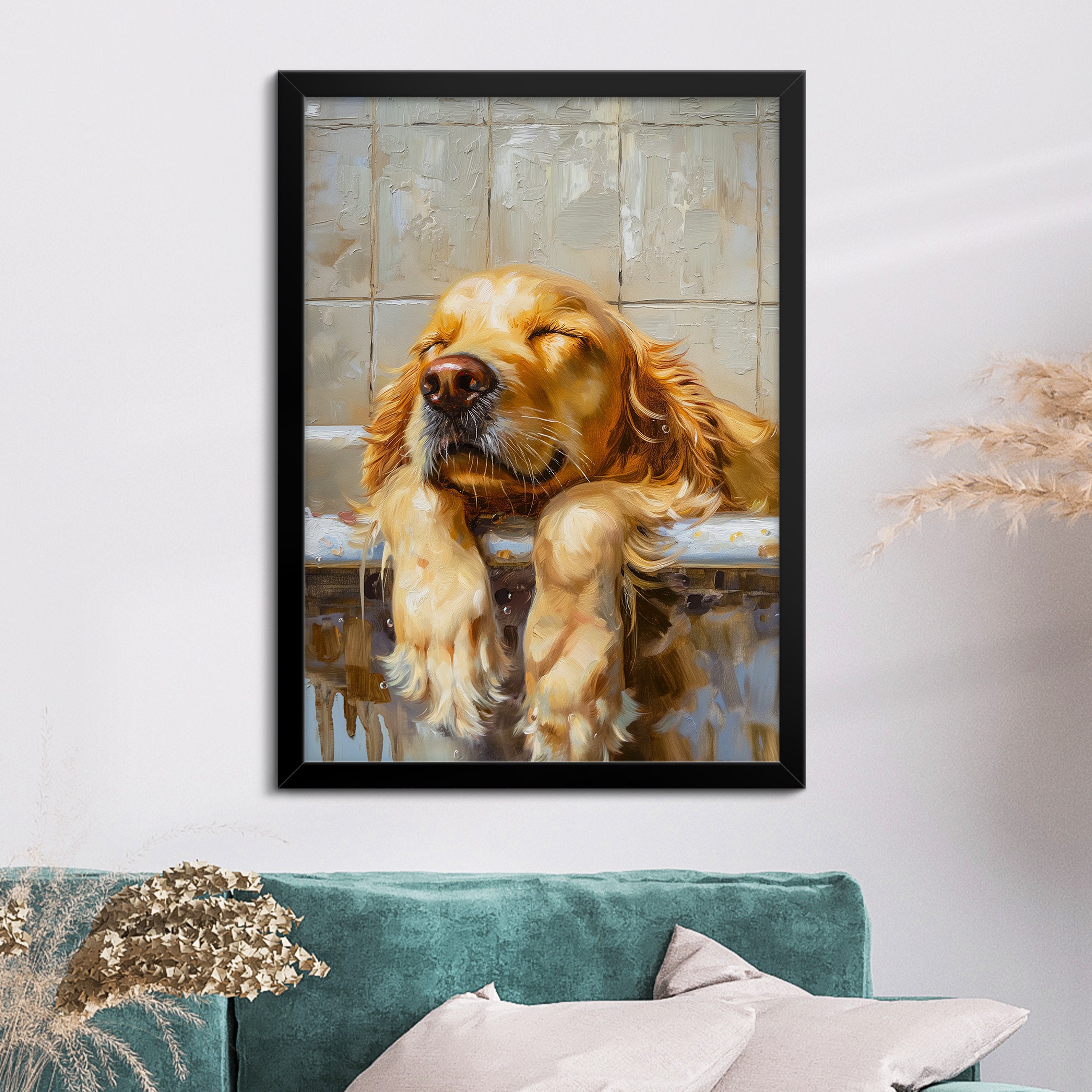 Golden Retriever Bathtub Dog Bathroom Painting Framed Poster Print or ...