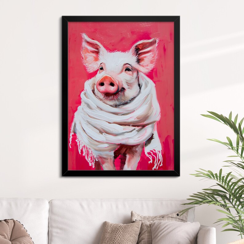Pig Wearing White Scarf Framed Poster Print & Framed Canvas Wall Decor ...