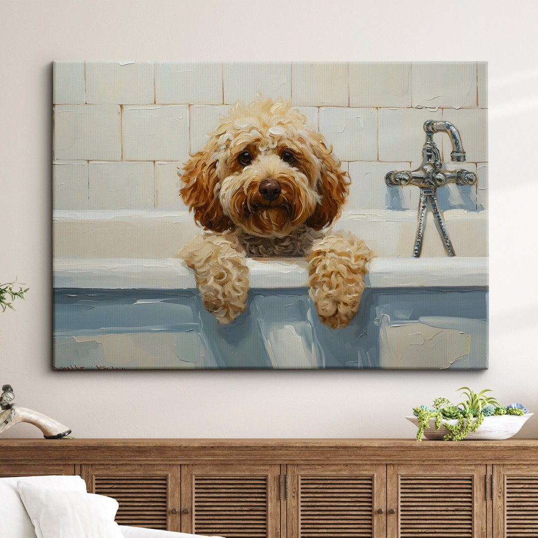Cockapoo Bath Tub Dog Bathroom Oil Painting Framed Poster Print or ...